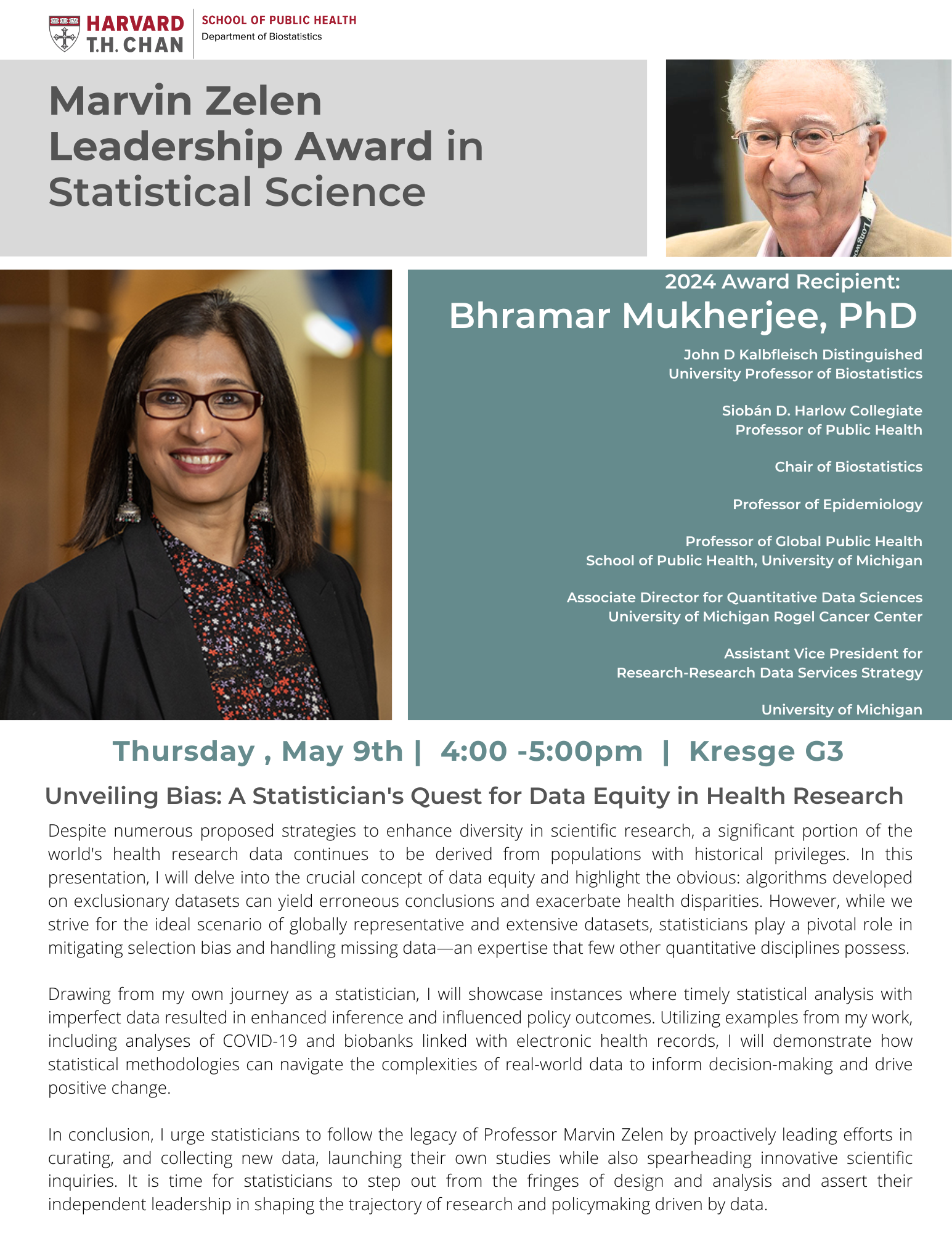 Marvin Zelen Leadership Award in Statistical Science Lecture - 5/9 ...